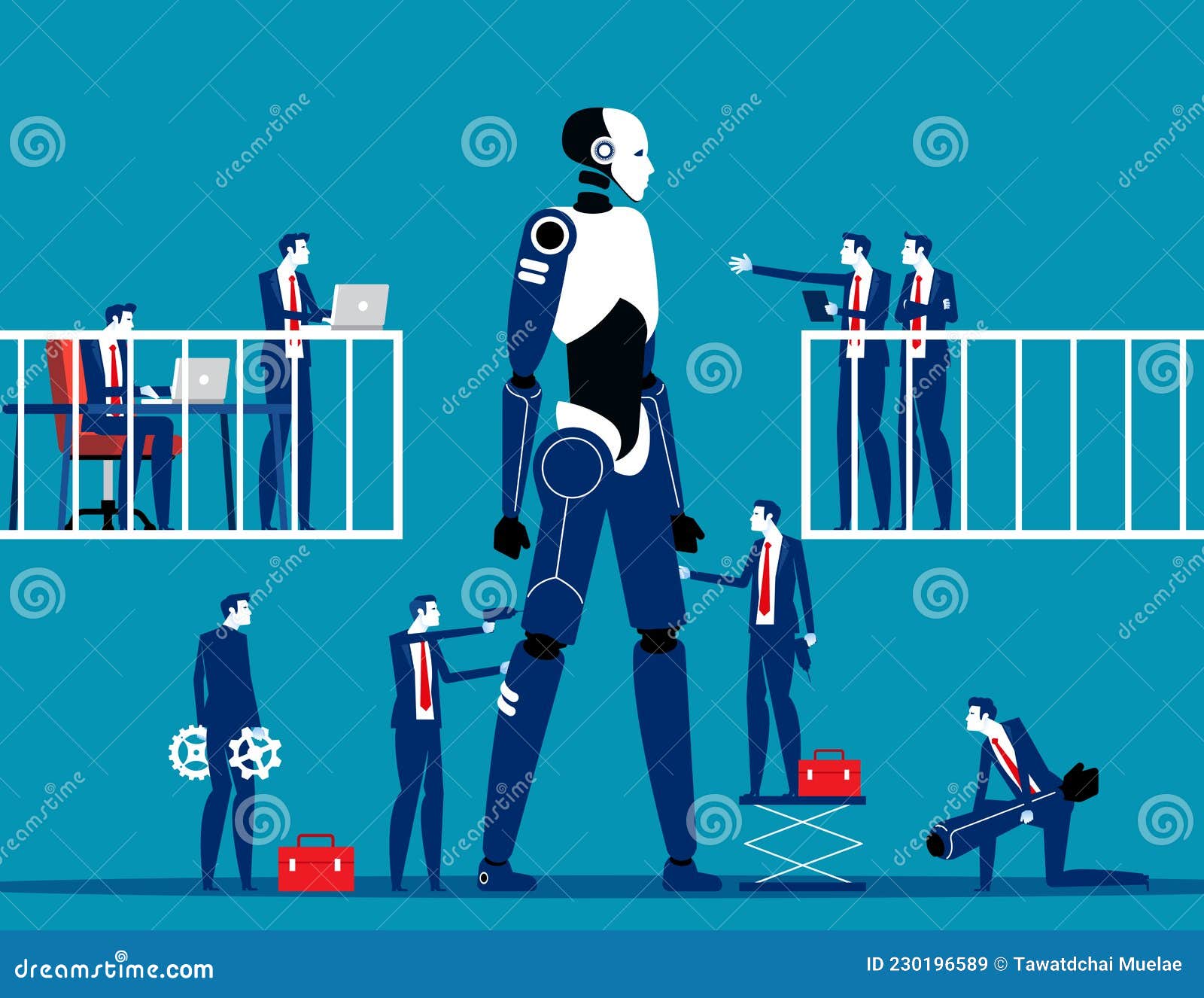 Scientists are Doing Research of Giant Robot. Business Flat Vector ...