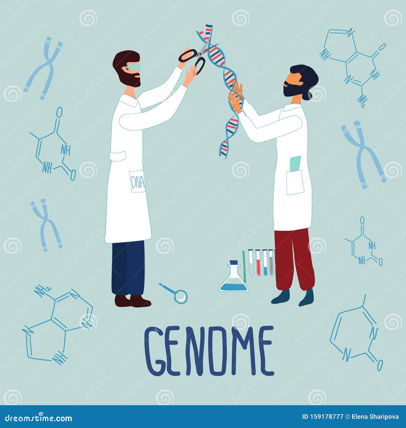 Scientists Editing DNA Structure Surrounded By Chromosomes, Nucleotides ...