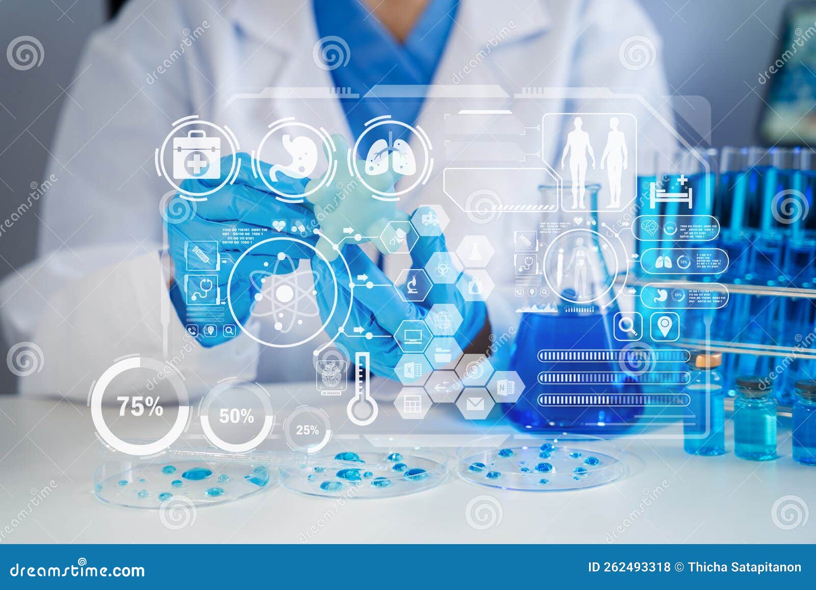 Scientists Hold Test Tubes for Analysis. Experiments with Red Liquid ...