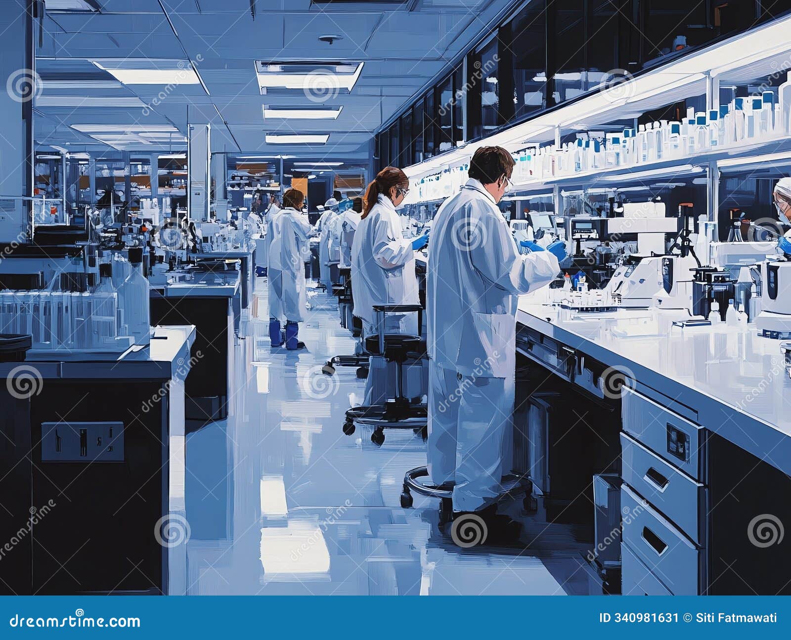 Scientists In Lab Coats Work At Lab Benches In A Modern, Sterile ...