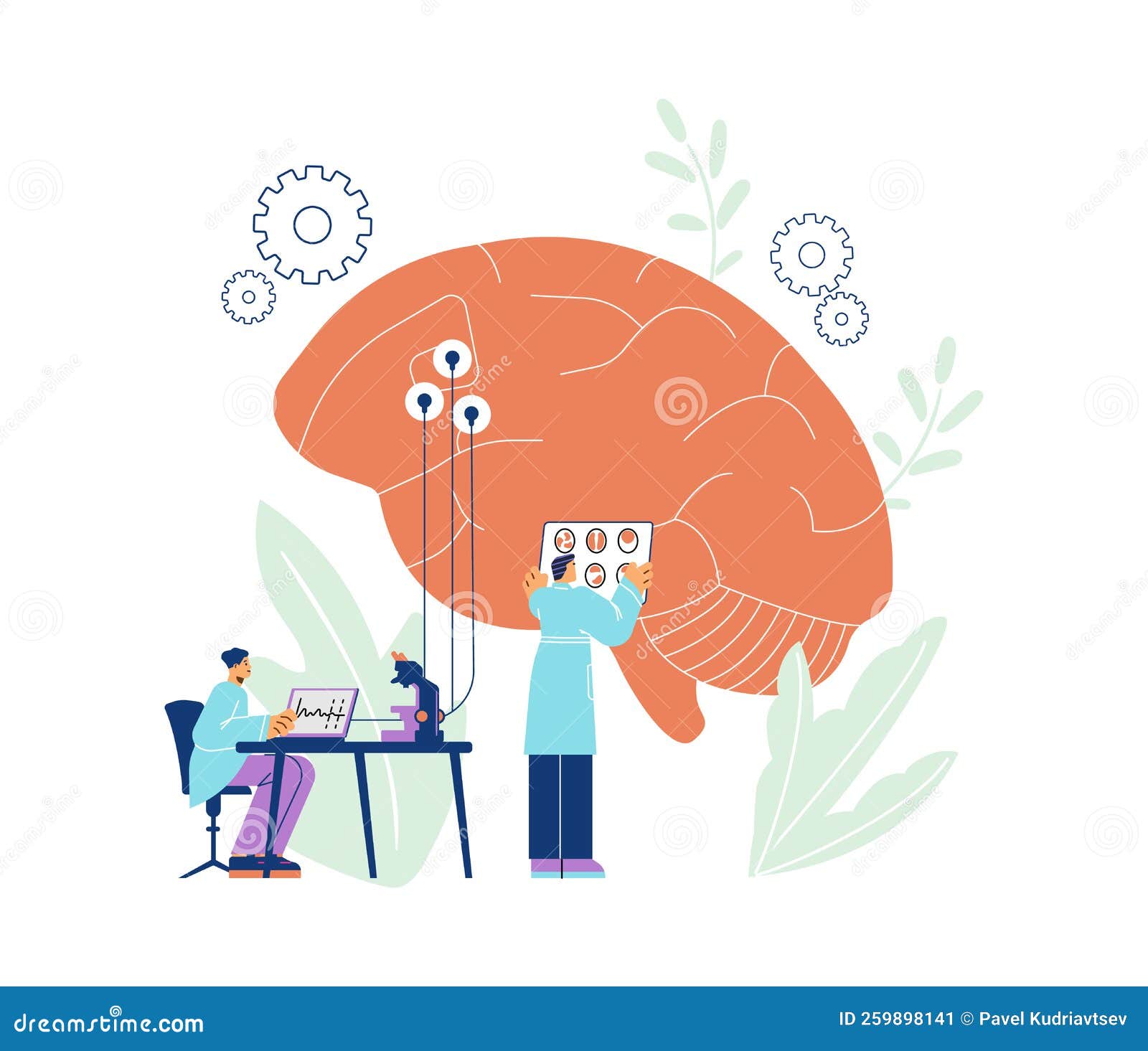 Scientists In Laboratory Studying Human Brain, Abstract Flat Vector ...