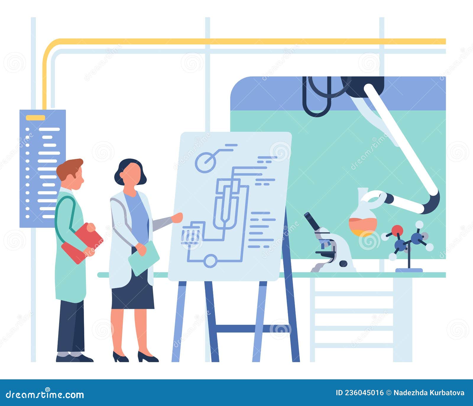 Scientists Looking on Blueprint. People Discussing Chemical Laboratory ...