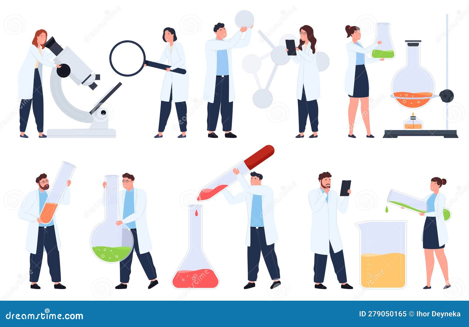 Scientists with Objects Hyperbolized Test Tubes, Microscope, Molecule ...
