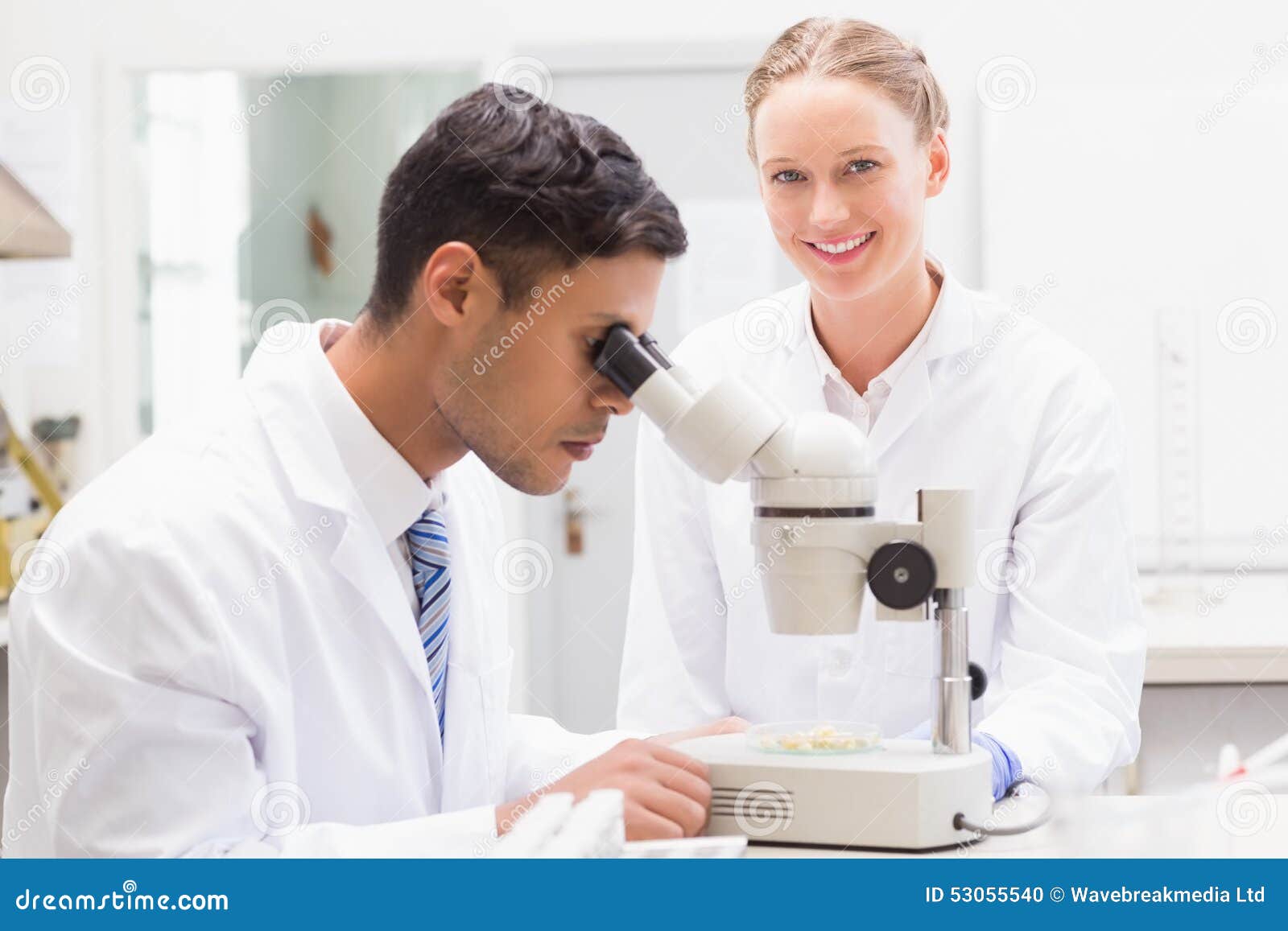 Two Scientists Observing Something With Microscope Stock Photo ...