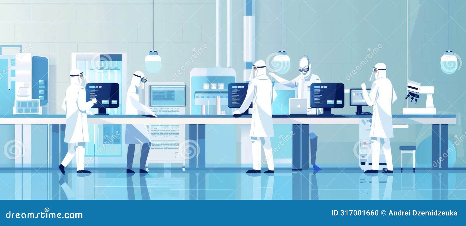 Scientists in Sterile Suits Working with Computers, Microscopes and ...