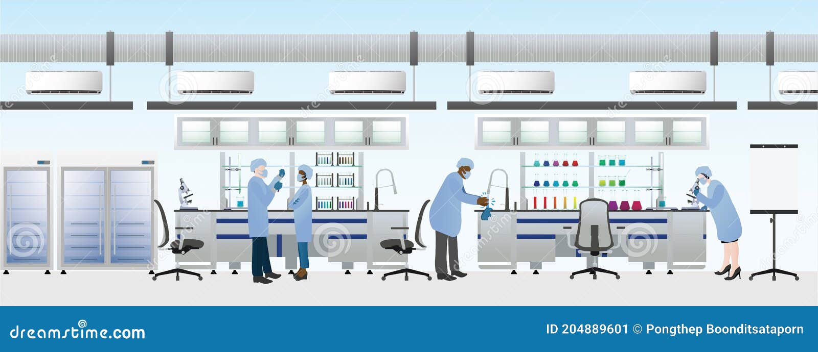 Scientists Team Wearing Laboratory Suit for Making Chemical Experiments ...