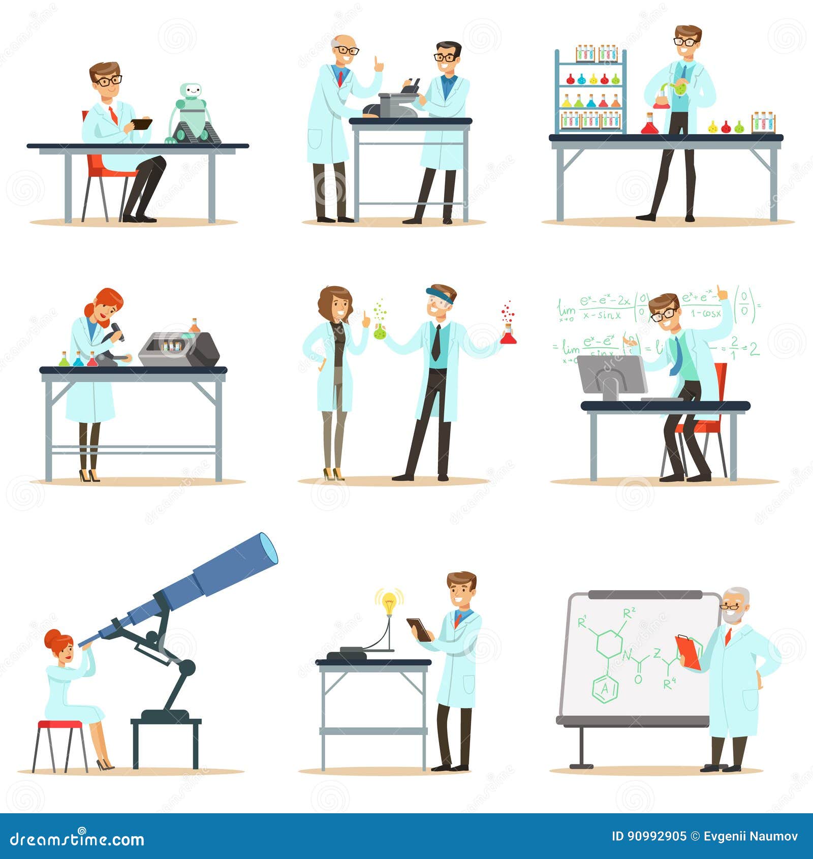 Scientists at Work in a Lab and an Office Set of Smiling People Working ...