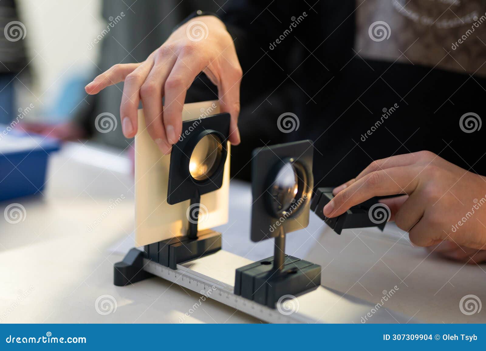 Scientists Work with Optics and Light Beam in Laboratory Stock Photo ...