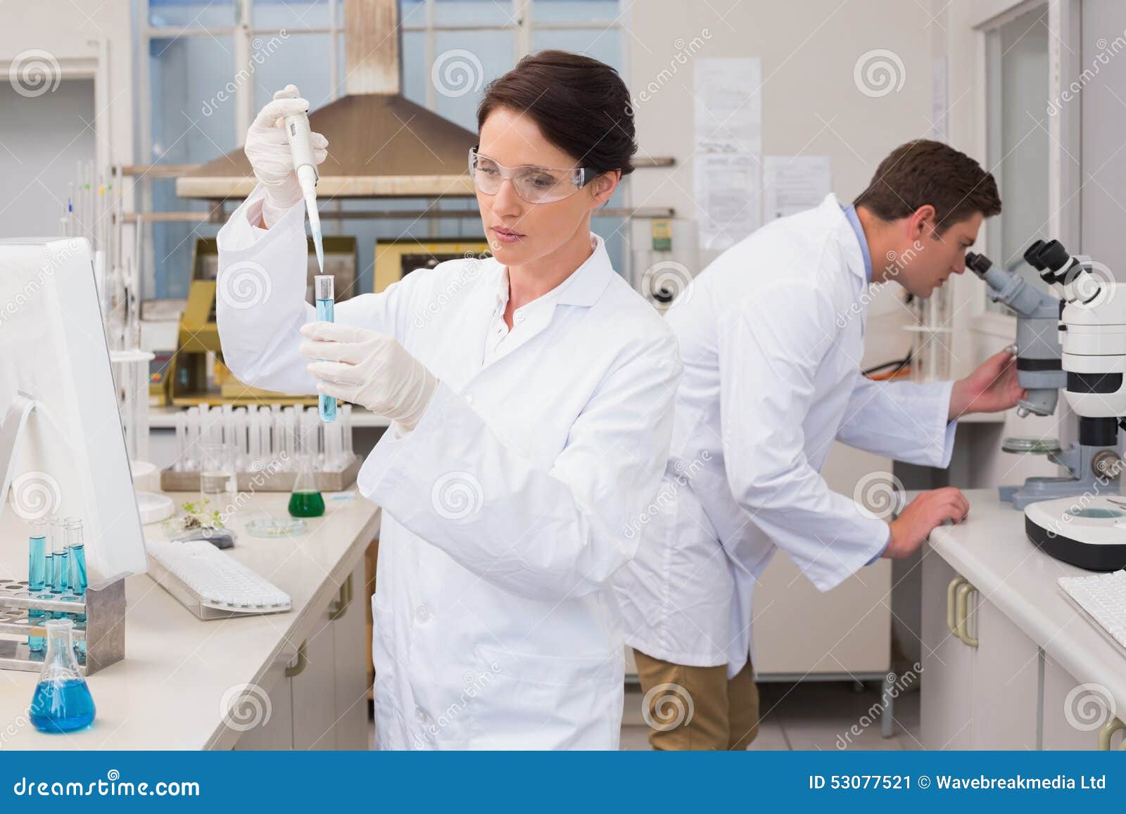 Scientists Working Attentively with Test Tube and Microscope Stock ... Scientists Working Attentively with Test Tube and Microscope Stock ...