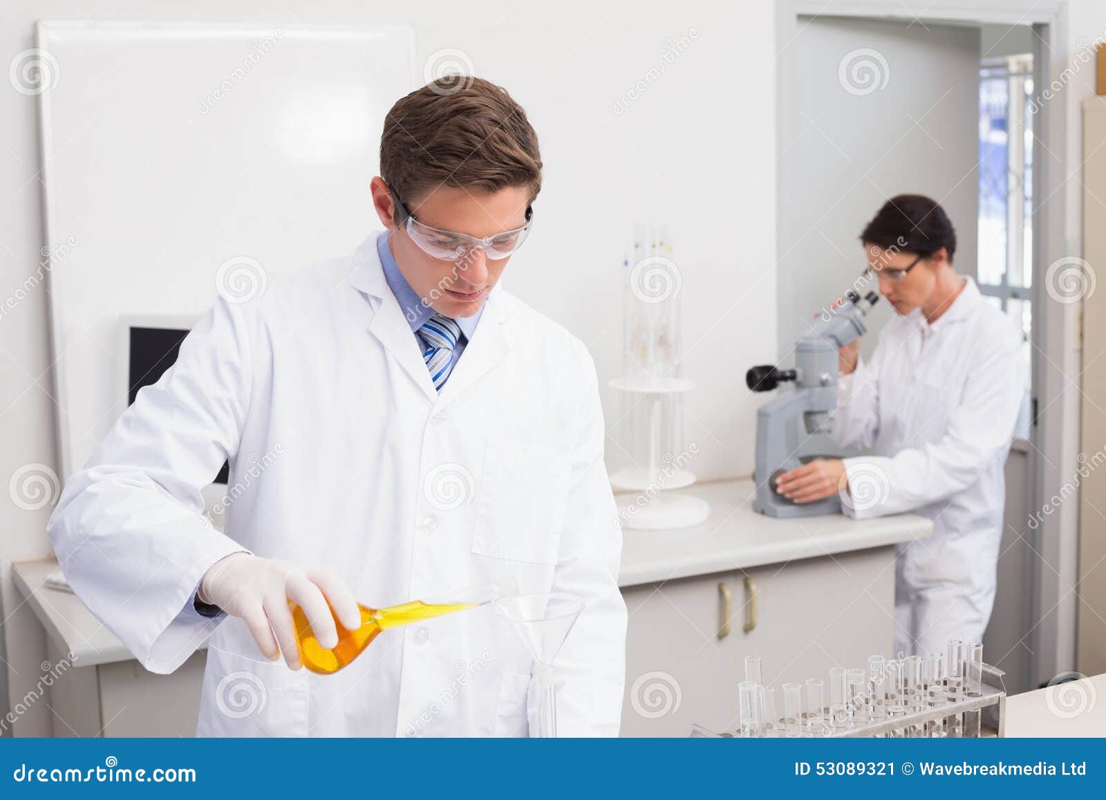 Scientists Working Attentively with Test Tube and Microscope Stock ... Scientists Working Attentively with Test Tube and Microscope Stock ...