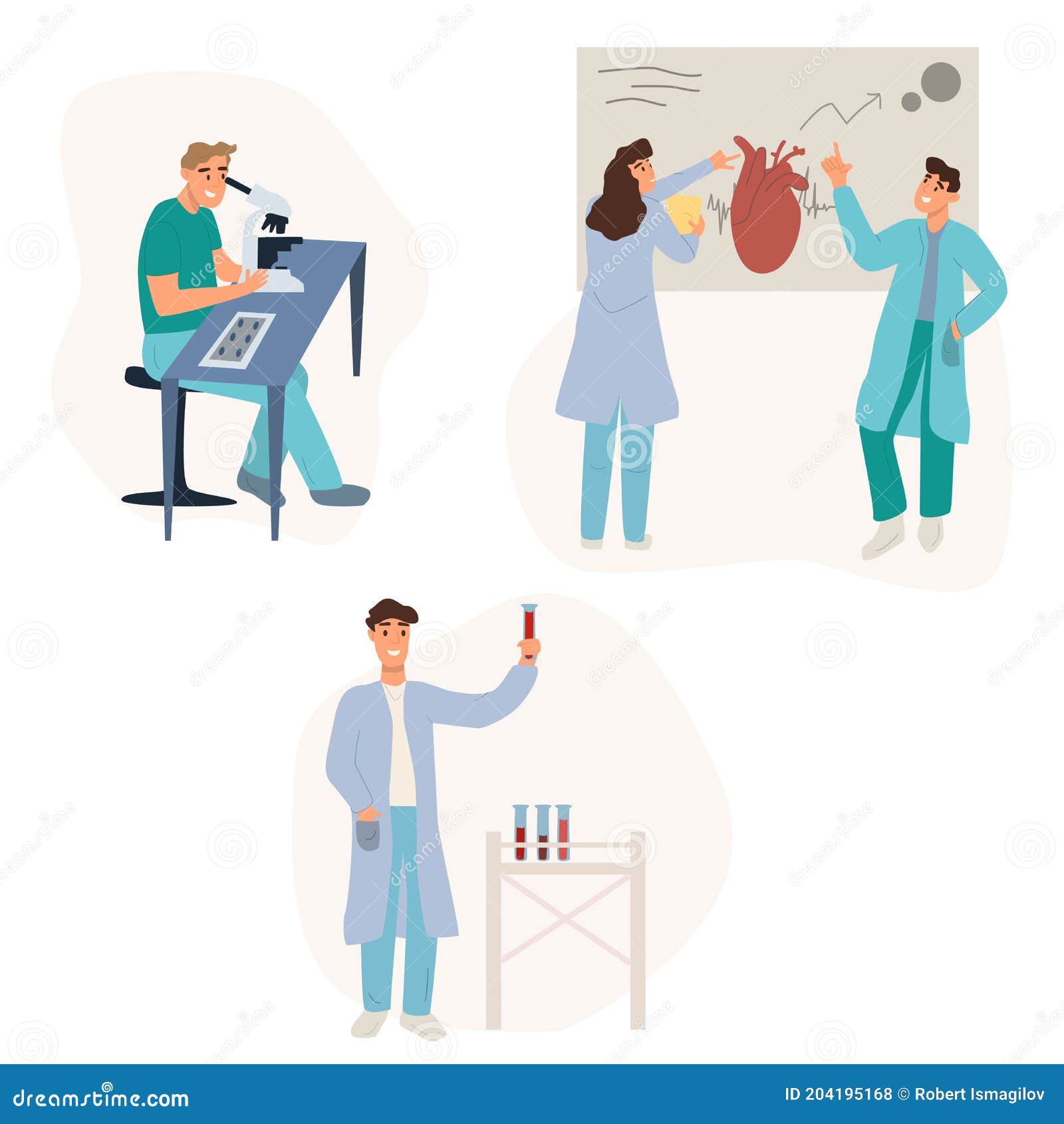 Set Of Scientists Working With Microscope In Laboratory Cartoon Vector ...