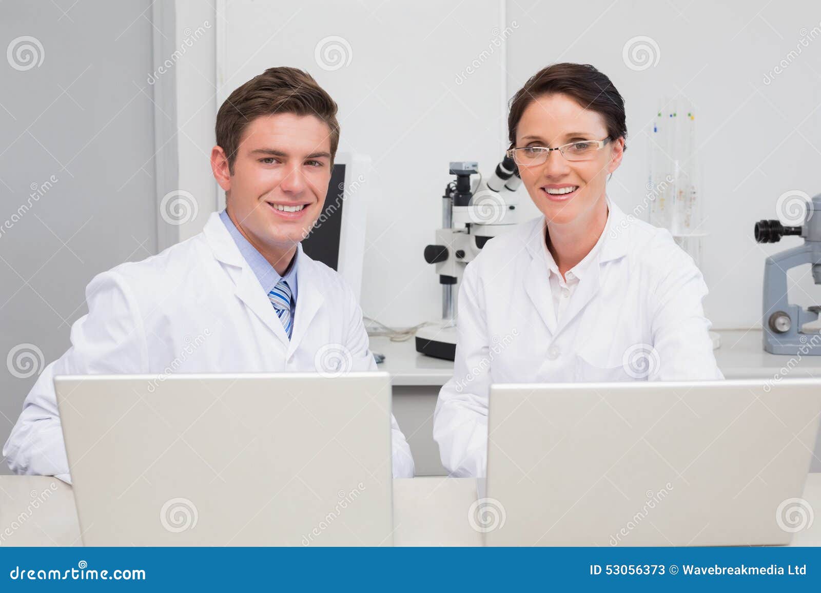 Scientists Working with Laptop and Smiling at Camera Stock Image ...