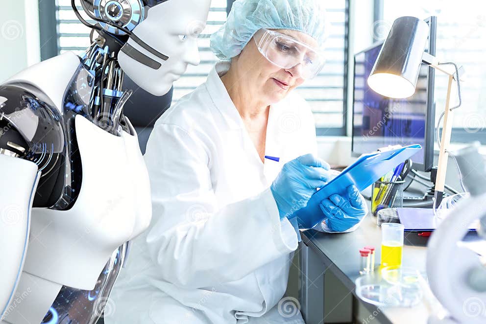 Science 4.0, Humanoid Robot with Human Scientist Stock Image - Image of ...