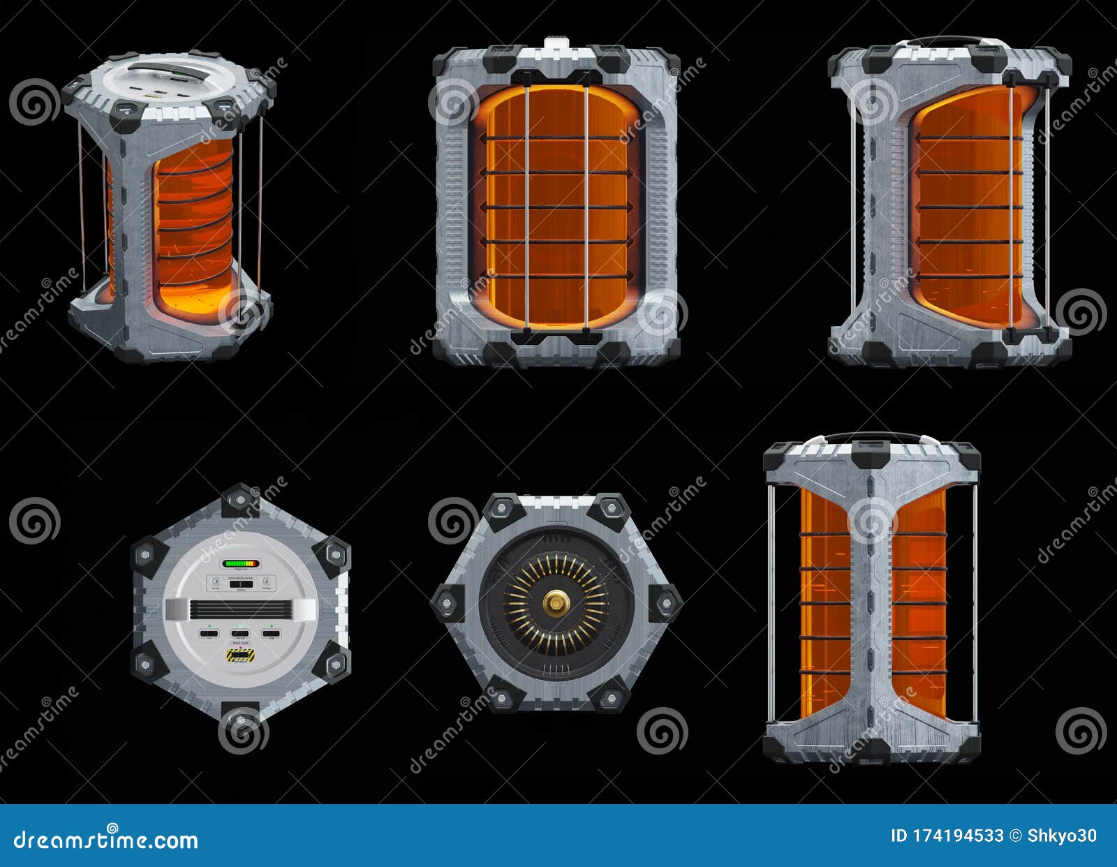 2 SciFi Hexagonal Power Tank Straight Put On Base And 1 On Its Side ...