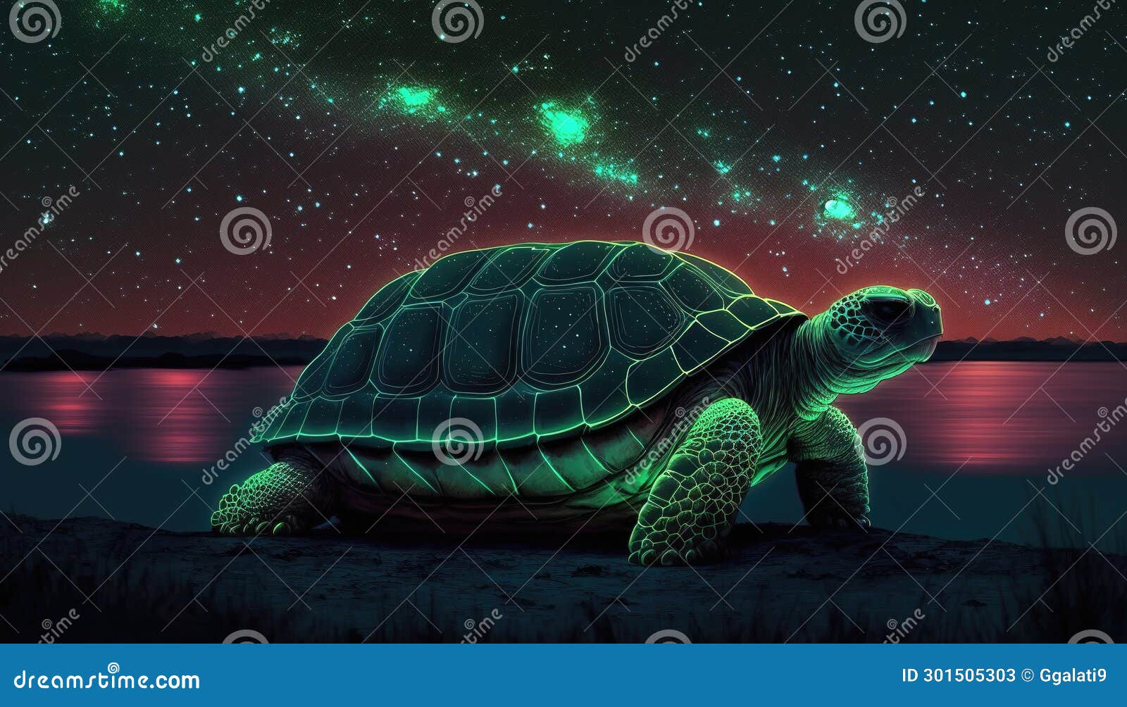 A Scifi Inspired Lightning Turtle on the Beach, Green Neon Light ...
