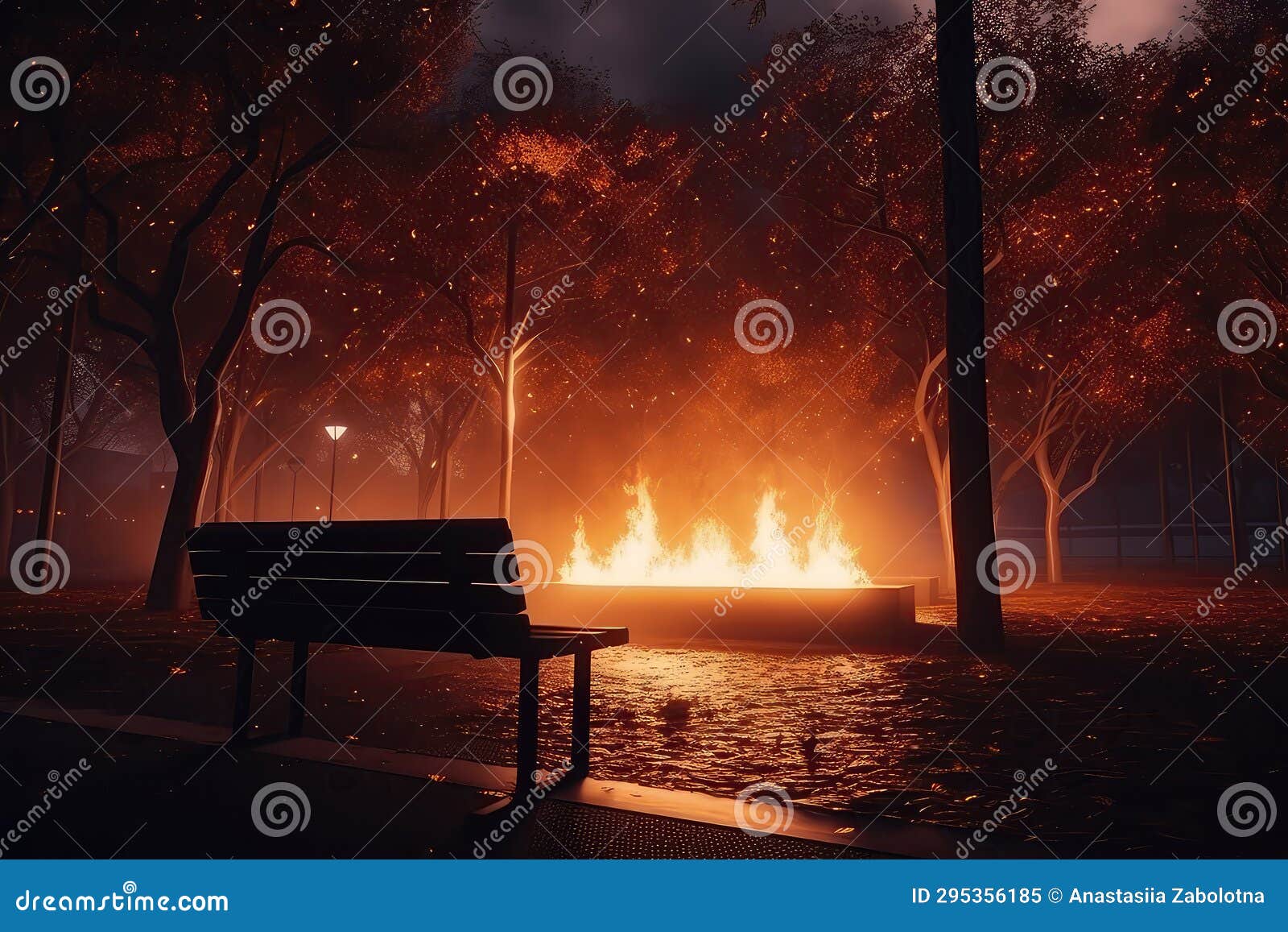 Scifi Style Fire Engulfs Park, Benches in Flames Stock Illustration ...
