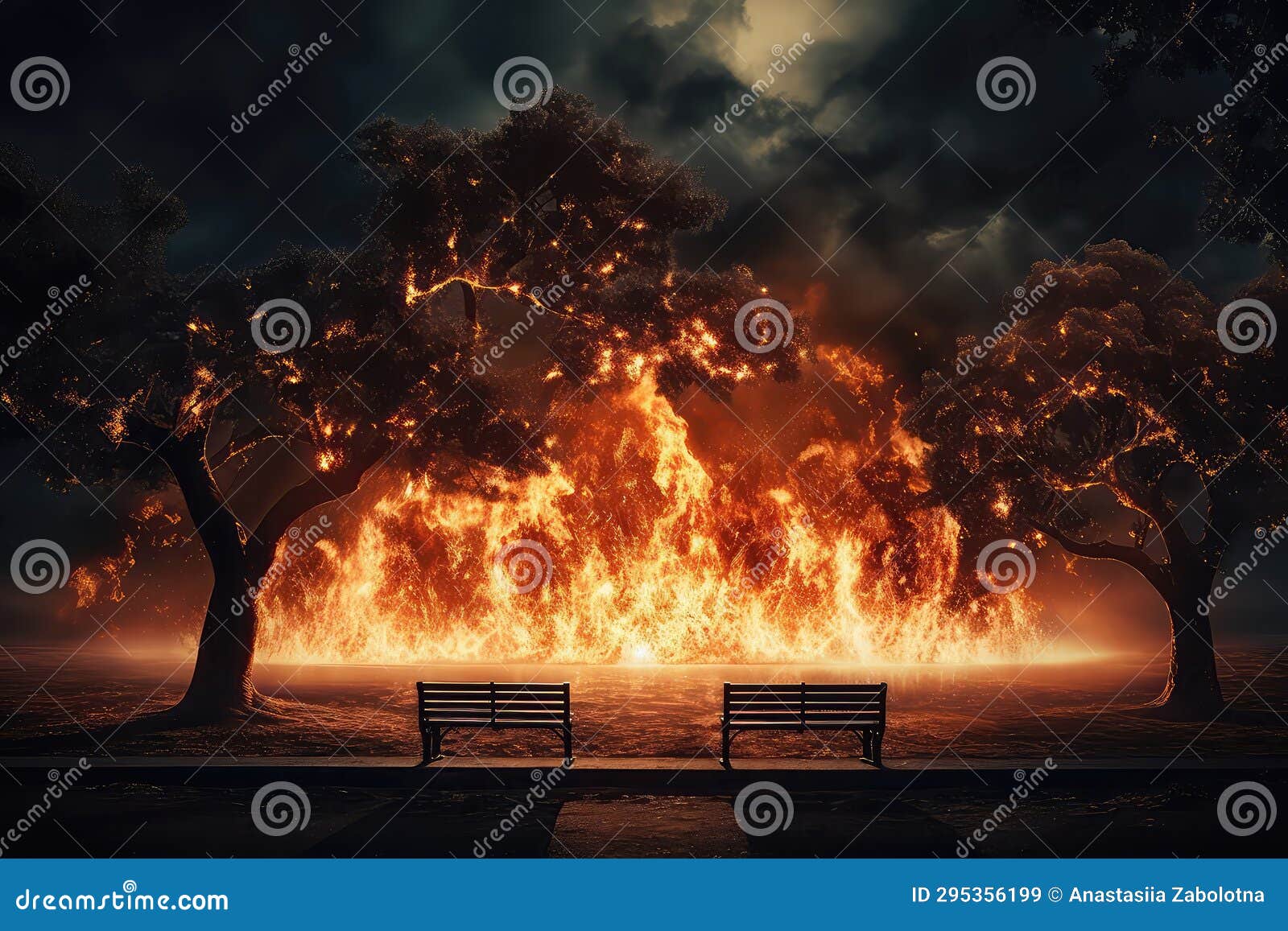 Scifi Style Fire Engulfs Park, Benches in Flames Stock Illustration ...