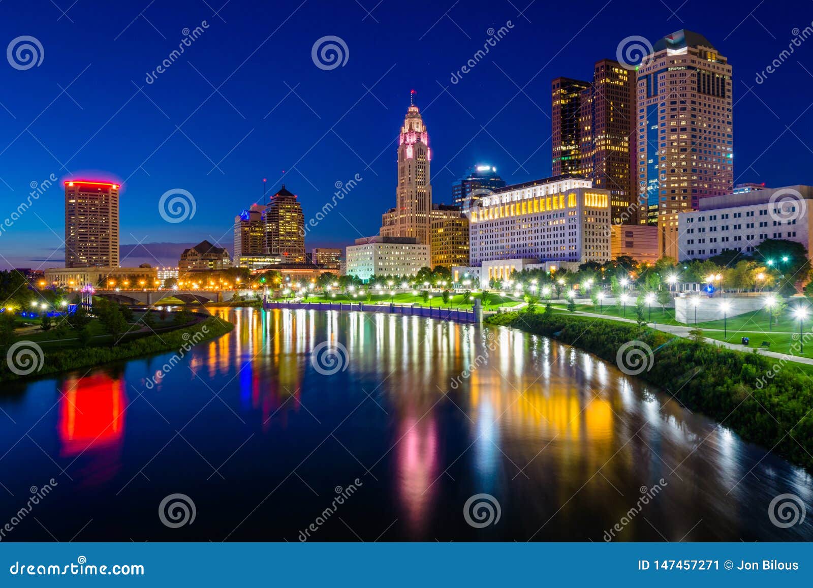 The Scioto River and Columbus Skyline at Night, in Columbus, Ohio ...