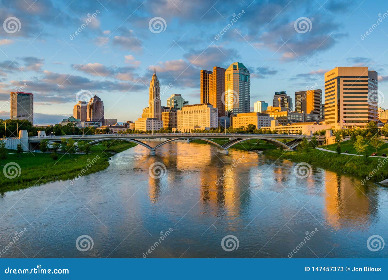 The Scioto River and Columbus Skyline at Sunset, in Columbus, Ohio ...