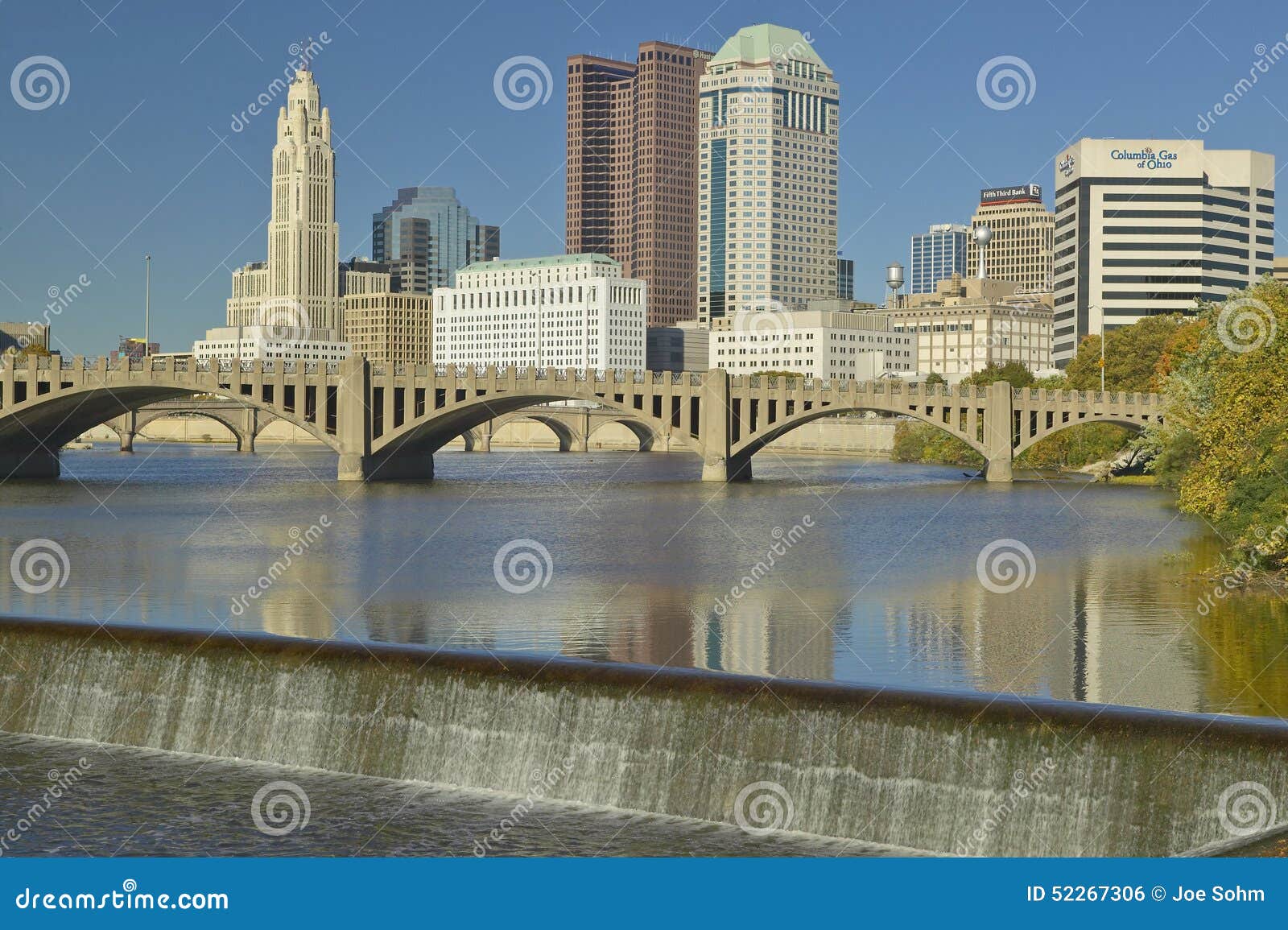 Scioto River with Waterfall and Columbus Ohio Skyline Editorial Photo ...
