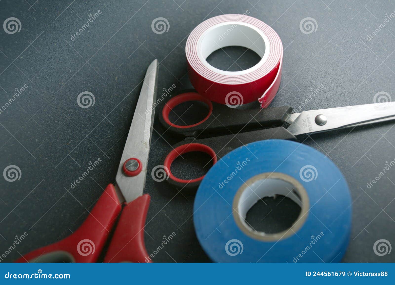 Scissors and adhesive tape stock image. Image of background - 244561679