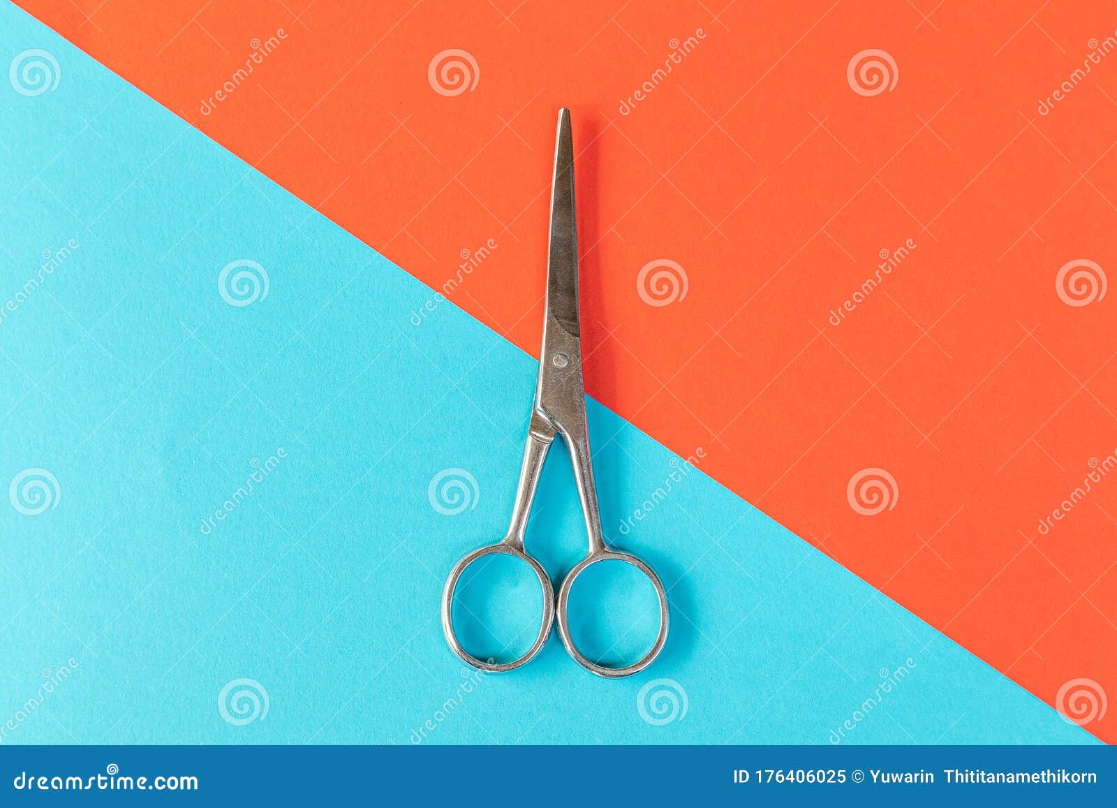 Scissors on Blue and Red Color Paper Texture Background. Stock Image ...