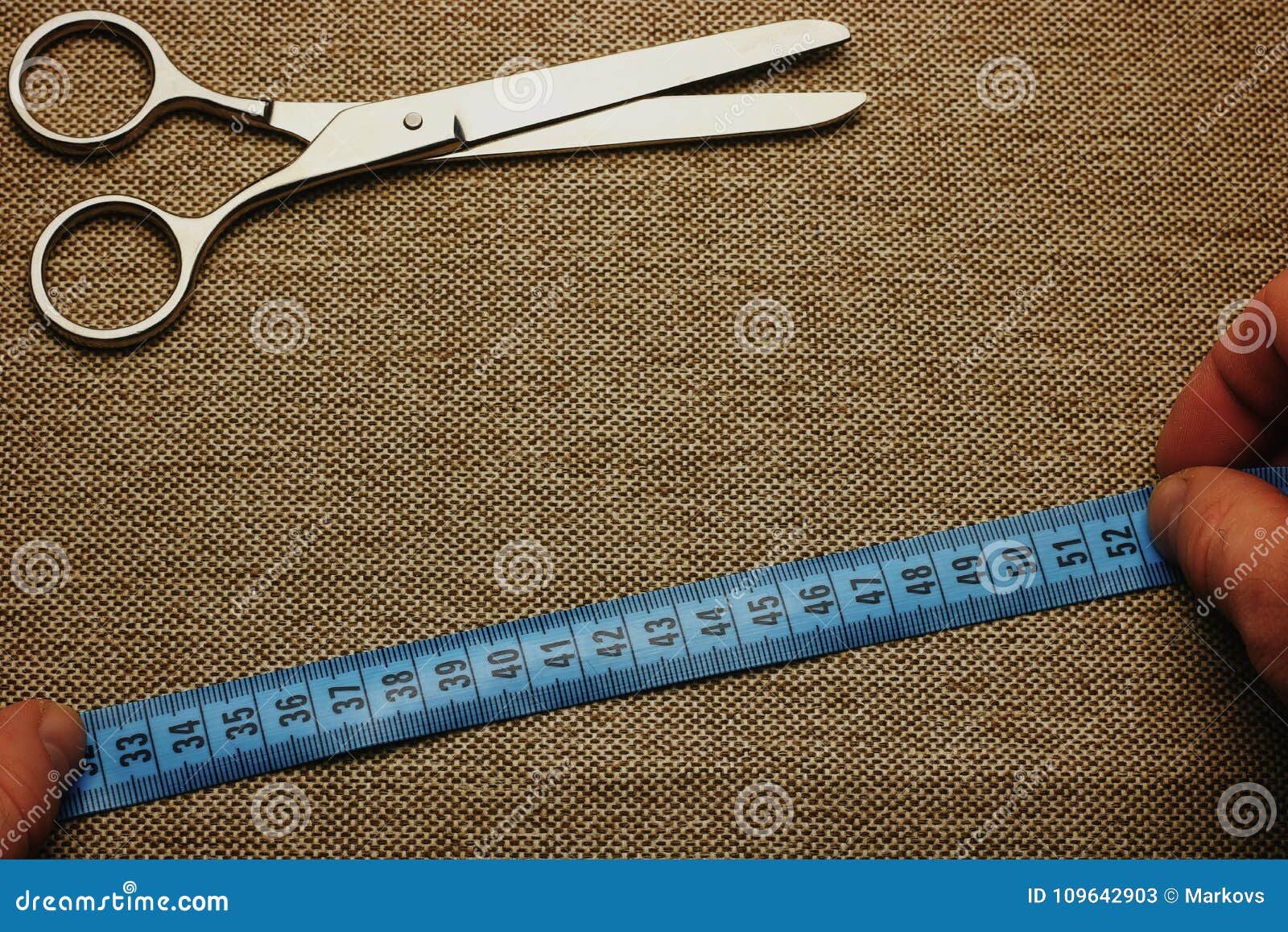 Scissors, Centimeter Tape And Fabric Background. Concept - Sewing ...