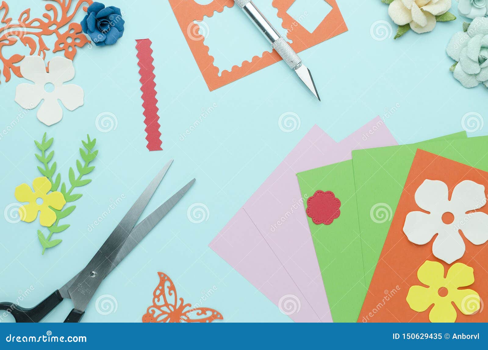 Scissors, Colored Paper, Cut Out Shapes and Flowers Stock Image - Image ...