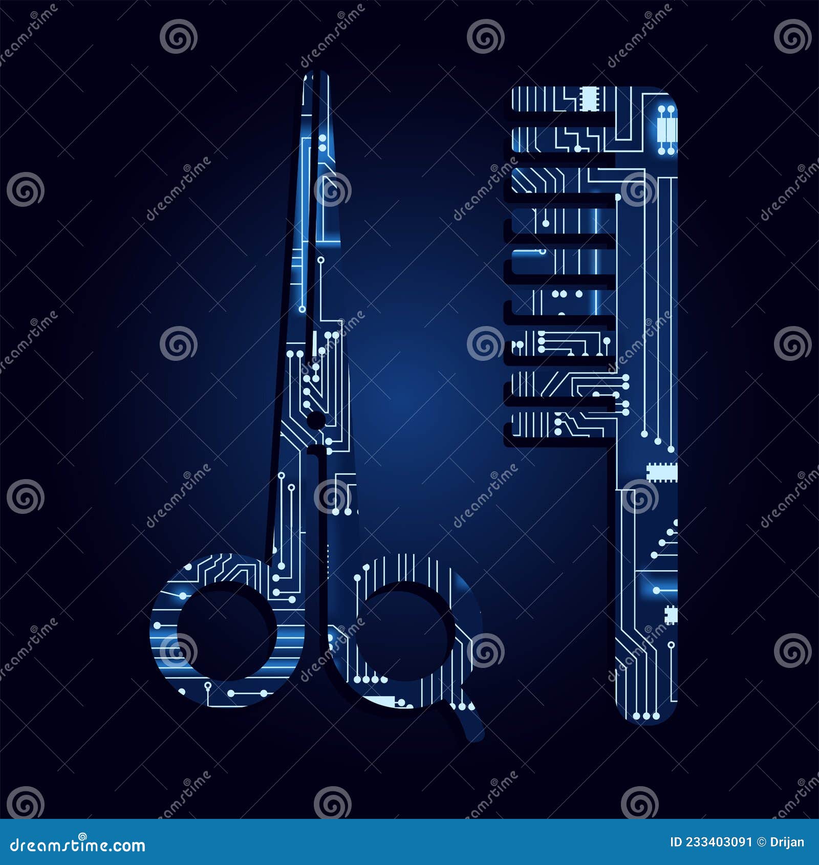 Scissors and Comb Symbol with a Technological Electronics Circuit Stock ...