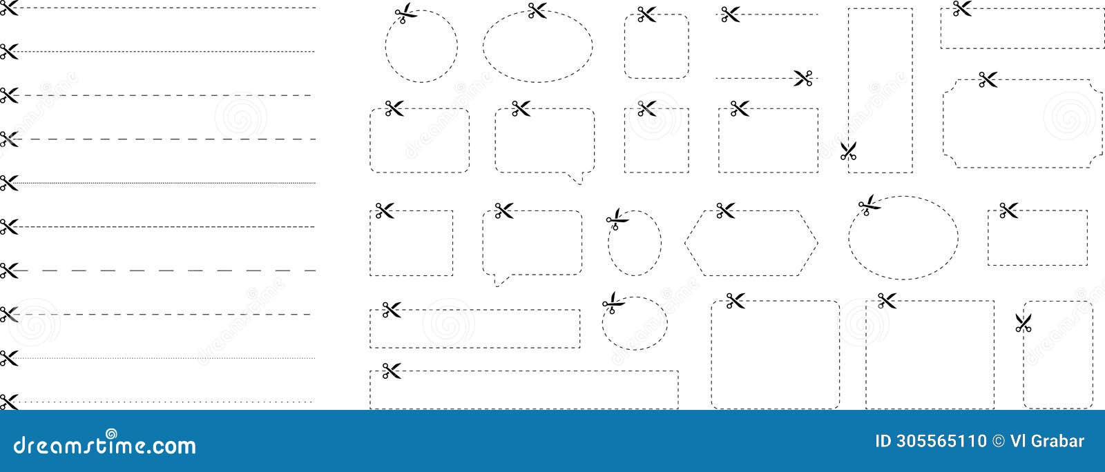 Scissors and Coupon Set, Cut Template with Dashed Line. Black Icons ...