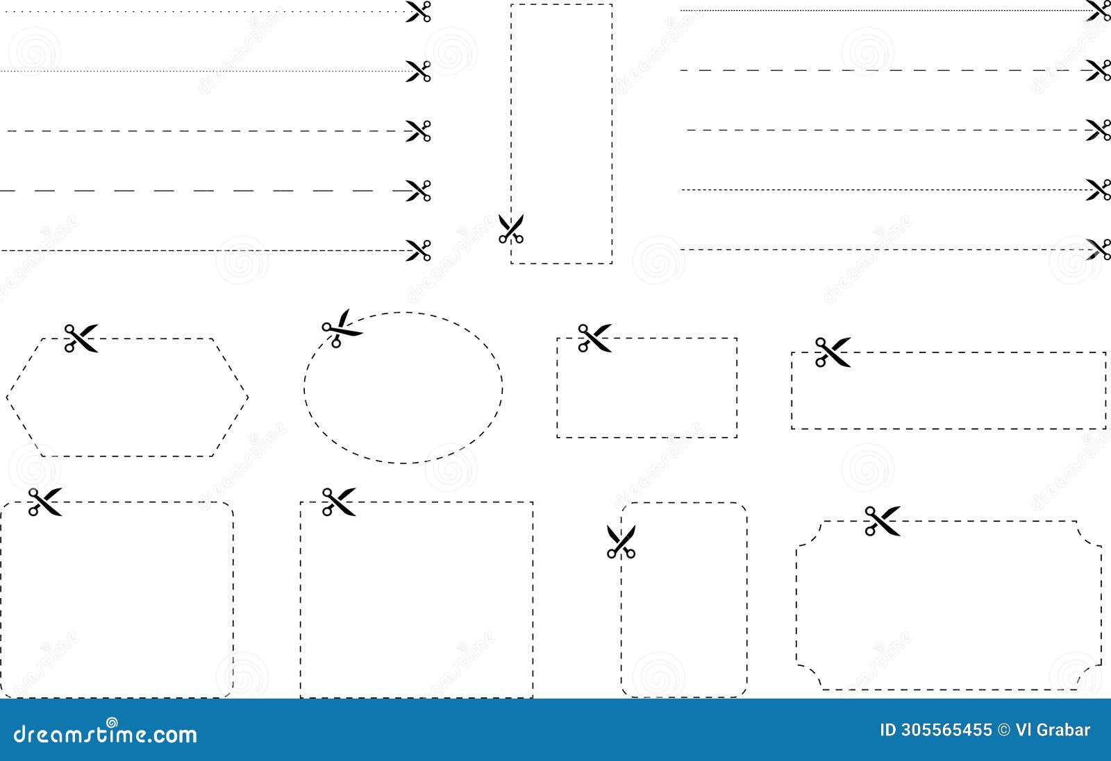 Scissors and Coupon Set, Cut Template with Dashed Line. Black Icons ...