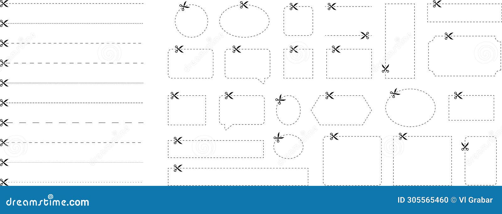 Scissors and Coupon Set, Cut Template with Dashed Line. Black Icons ...