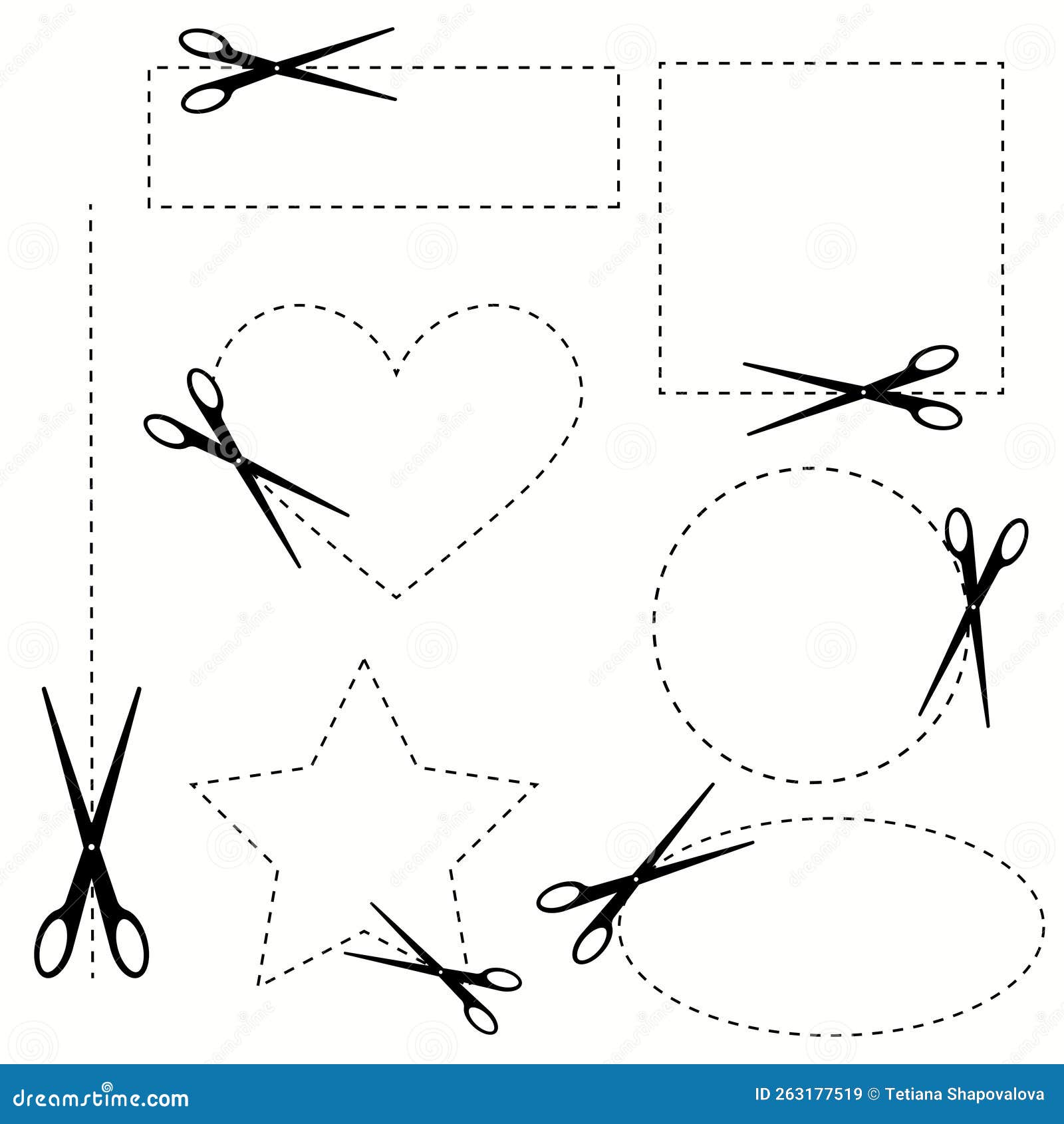 Scissors Cutting Different Geometric Shapes with Dashed Line. Stock ...