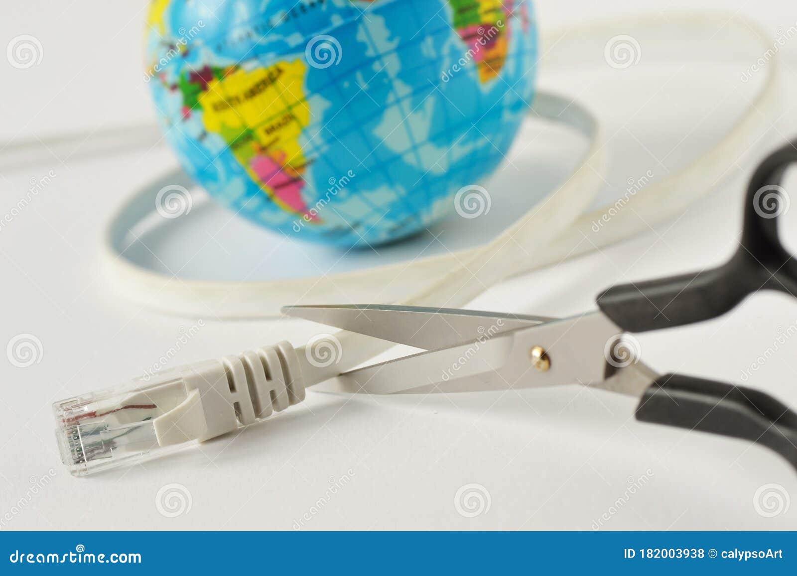 Scissors Cutting Internet Cable with Planet Earth on White Background ...