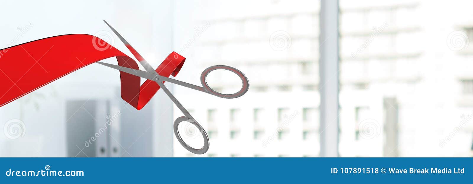 Scissors Cutting Ribbon with Office Windows of Buildings Stock Photo ...