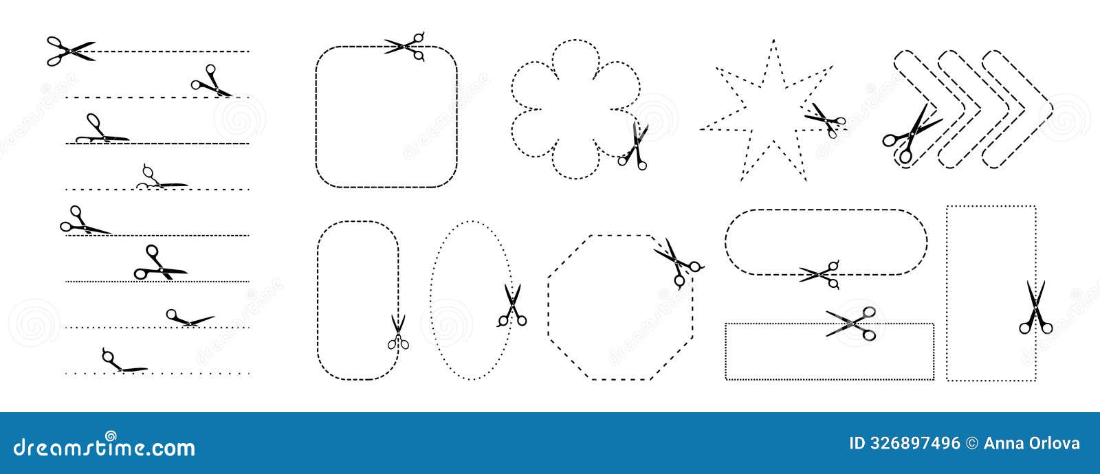 Scissors with Dotted Cut Lines and Geometric Shapes. Cut Here Symbol ...