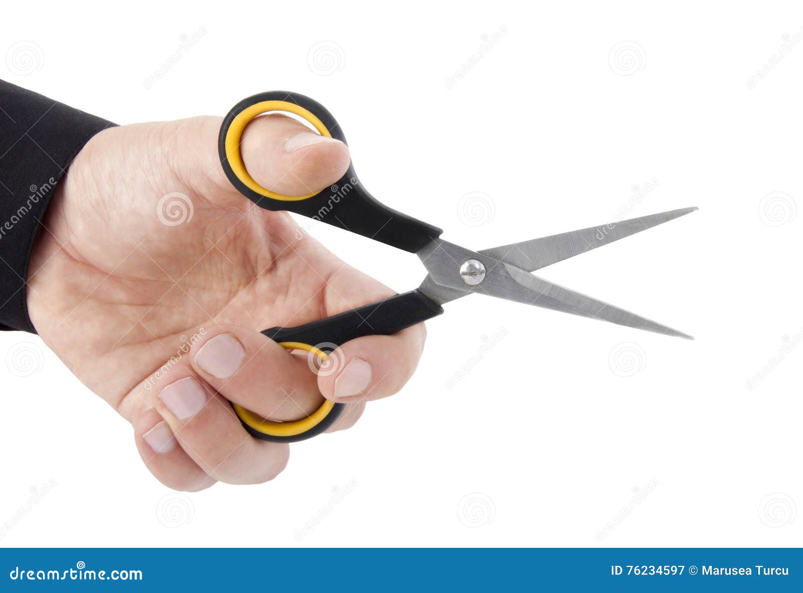 Scissors in hand isolated stock image. Image of handle - 76234597