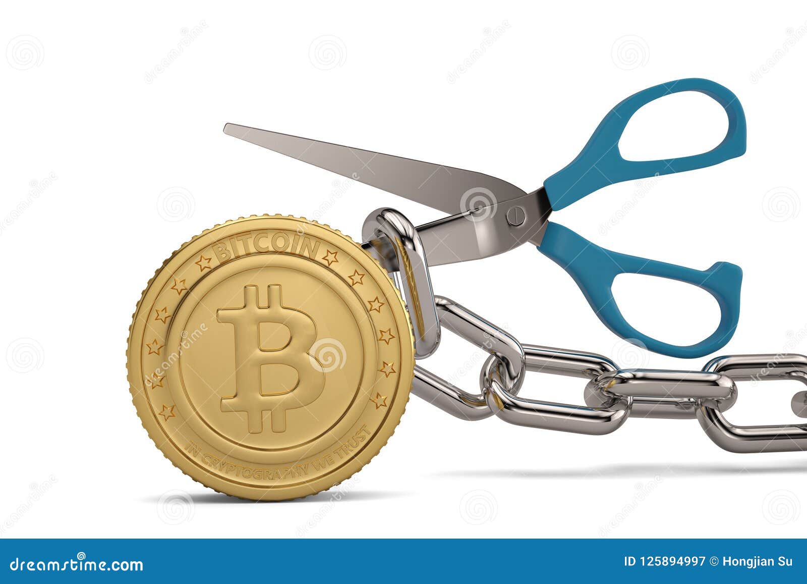 Scissors with Iron Chain and Gold Bitcoin.3D Illustration. Stock ...