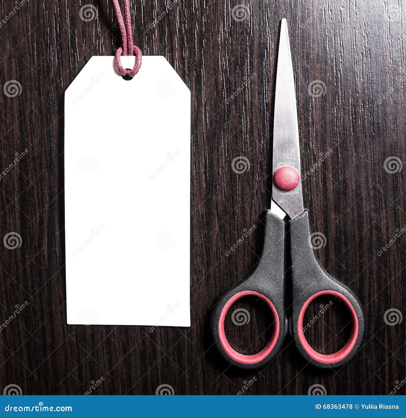Scissors Lying Near Empty Labels on Brown Wooden Background.Blank Tag ...