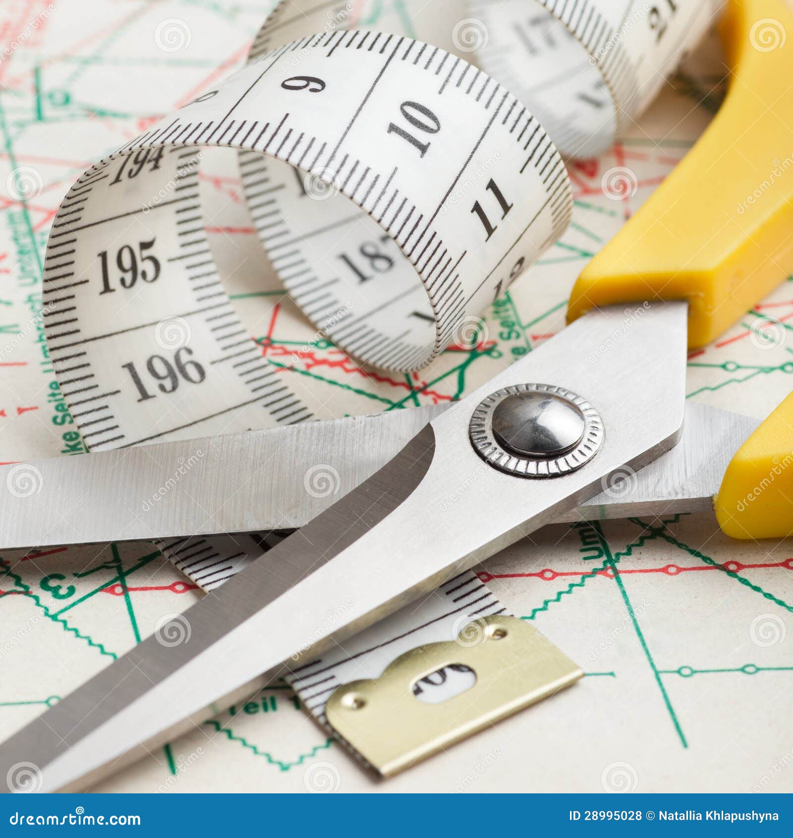 Scissors and Measuring Tape on Pattern Stock Photo - Image of equipment ...