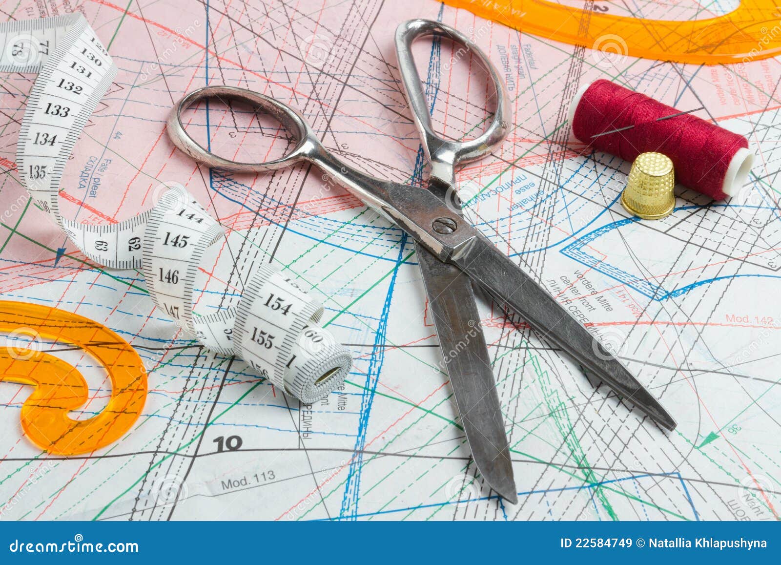 Scissors, Measuring Tape, Thimble, Thread Stock Image - Image of ...