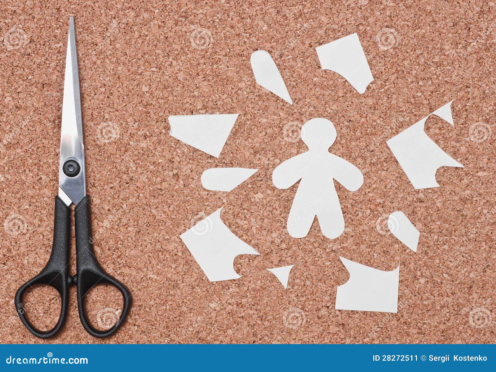 Scissors with Paper Man and Parts on Cork Stock Image - Image of ...
