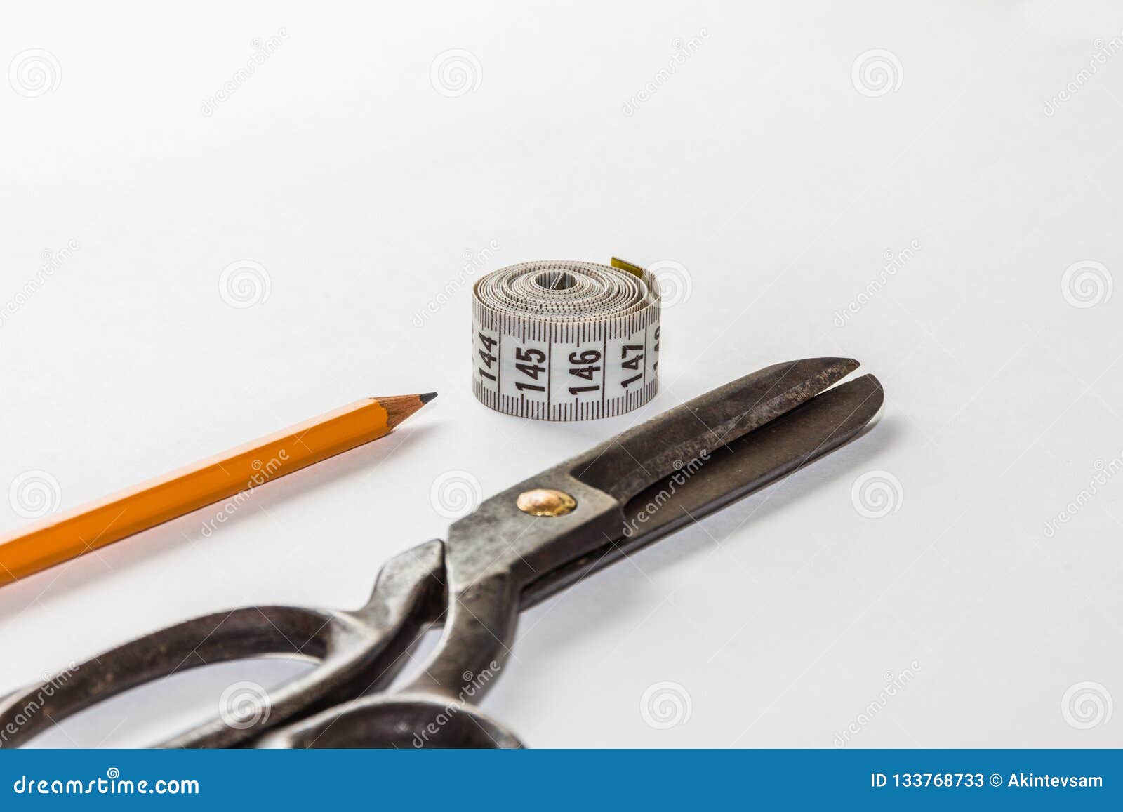 Scissors Pencil and Centimeter Tailor`s Tools Stock Image - Image of ...
