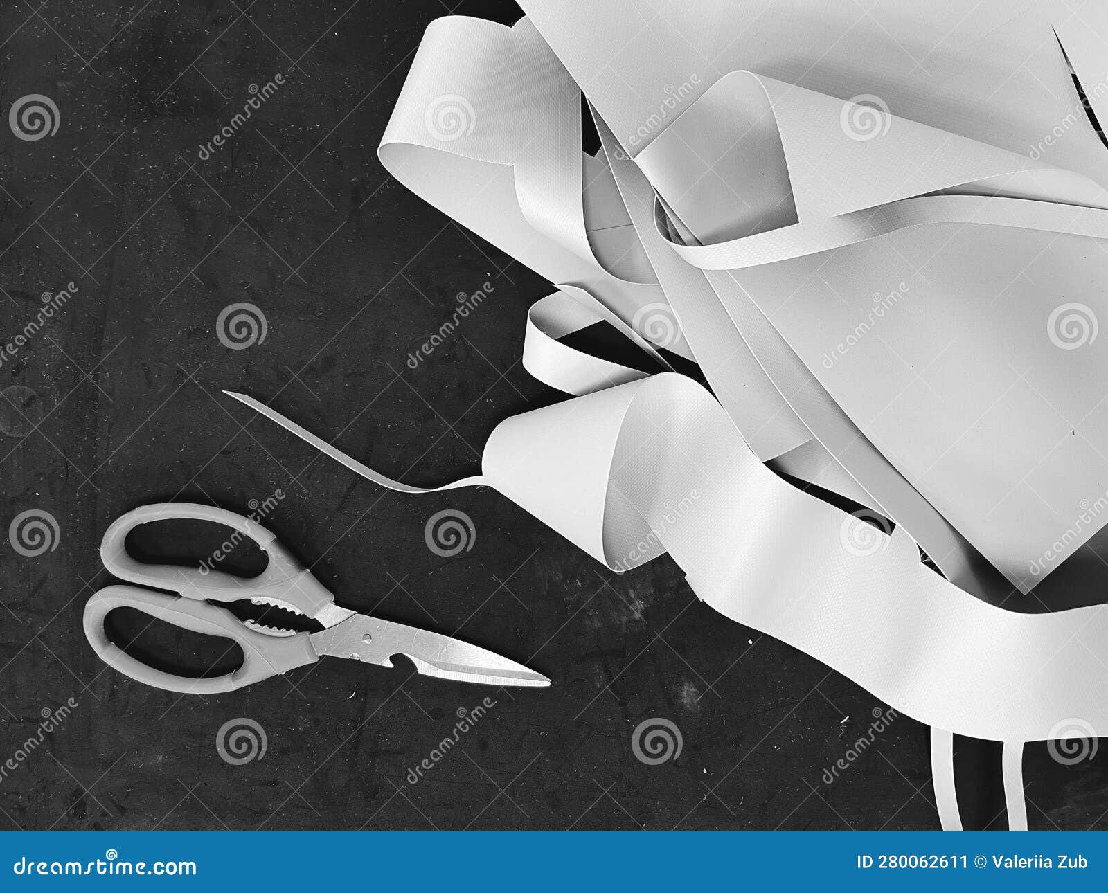Scissors and Sliced Material on the Table. Fabric Factory Working Place ...