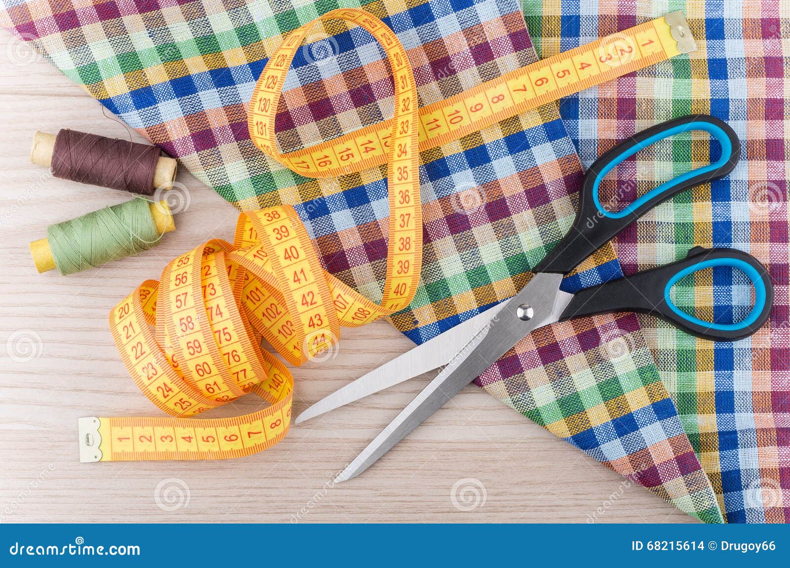 Scissors, Tape-line, Threads and Fabric on Wooden Table Stock Photo ...