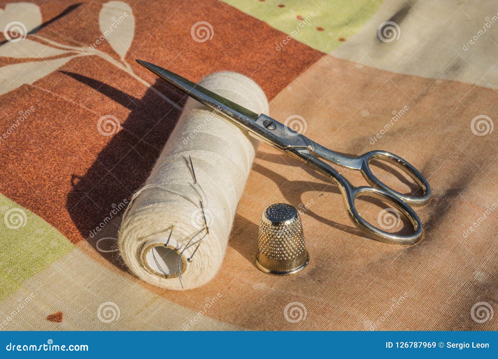 Scissors, Thimble, Needle and Cotton Thread for Sewing Stock Image ...