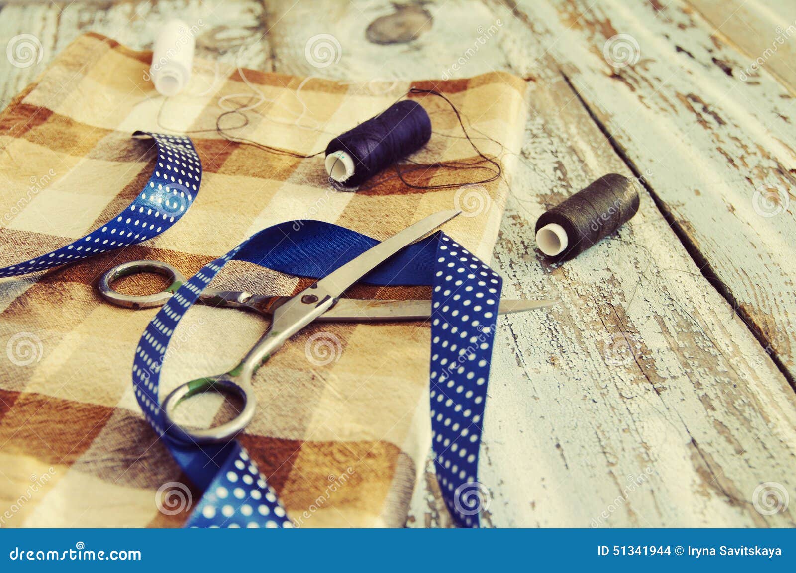 Scissors, Threads, Fabric and Blue Tape Stock Photo - Image of ...