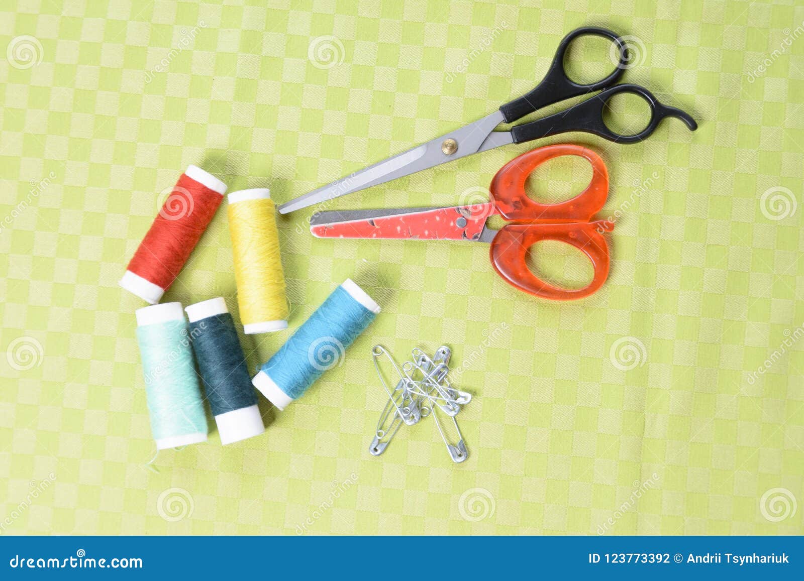 Scissors and Threads on Fabric, Top View Tailoring Equipment Stock ...