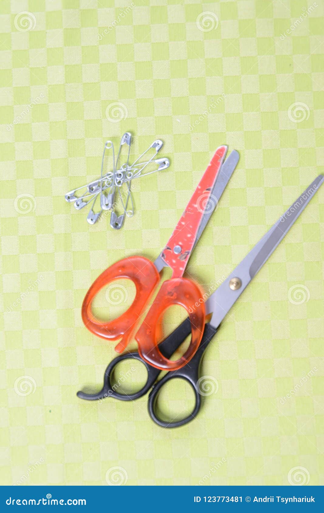 Scissors and Threads on Fabric, Top View Tailoring Equipment Stock ...