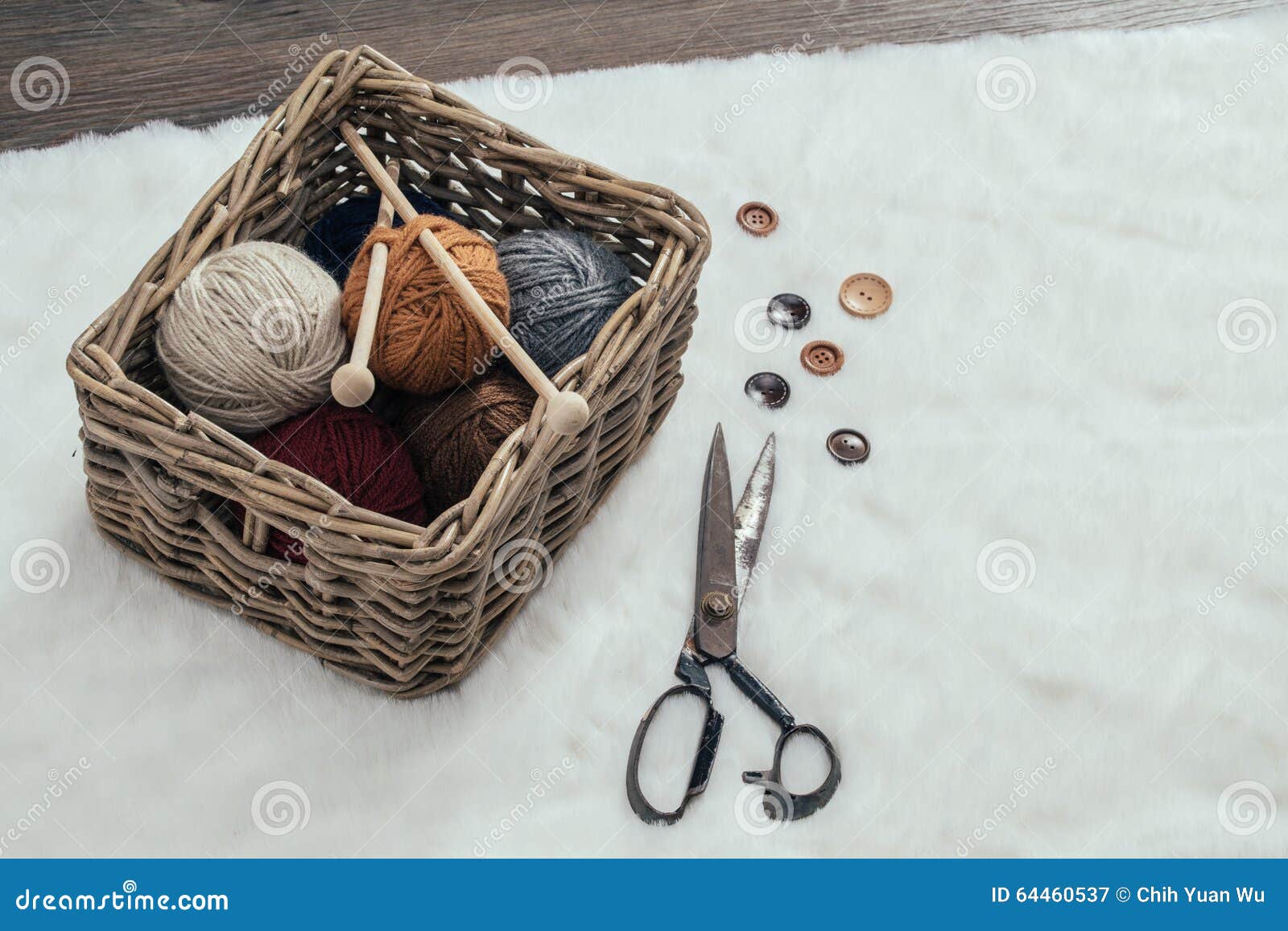 Scissors and Yarn Ball Inside Old Basket on Carpet Stock Image - Image ...